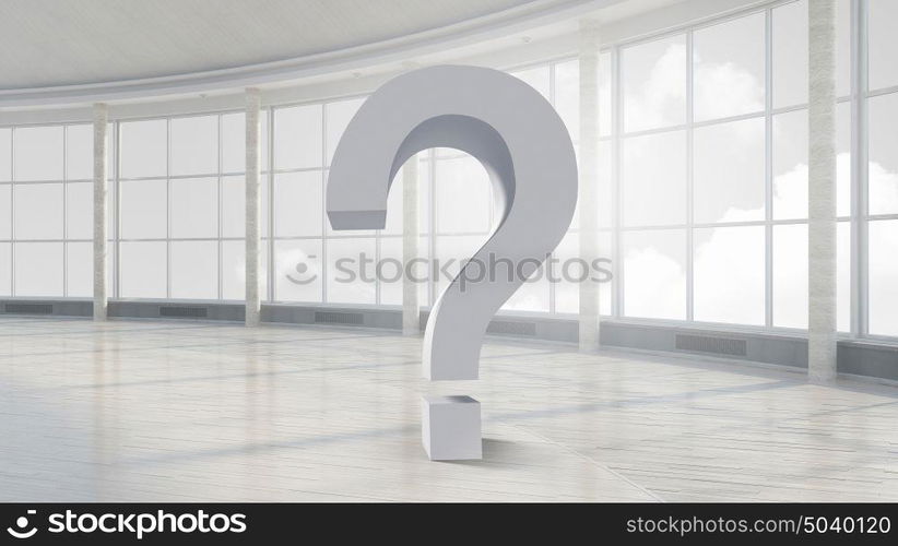 Big question mark. Bright modern interior with big question mark sign ...