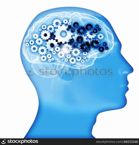 Brainstorming concept. Human head silhouette with gears and cog wheel ...