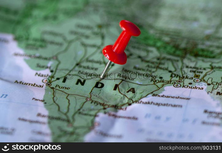 Close up the county of india on world map,Pushpin marking of india map ...