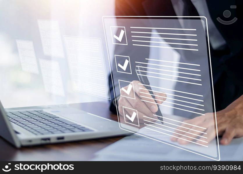 Document Checklist concept, Businessman using computer for DMS ...