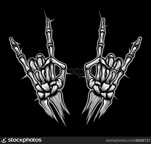 Engraving rock horn sign skeleton hands. Engraving rock horn sign ...