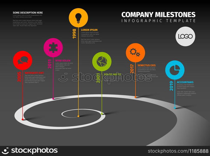 Evolution timeline template with spiral model and icons - dark version ...