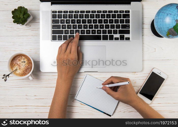 flat lay person typing writing. High resolution photo. flat lay person ...