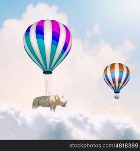 Flying rhino. Rhino flying high in sky on colorful aerostat ...