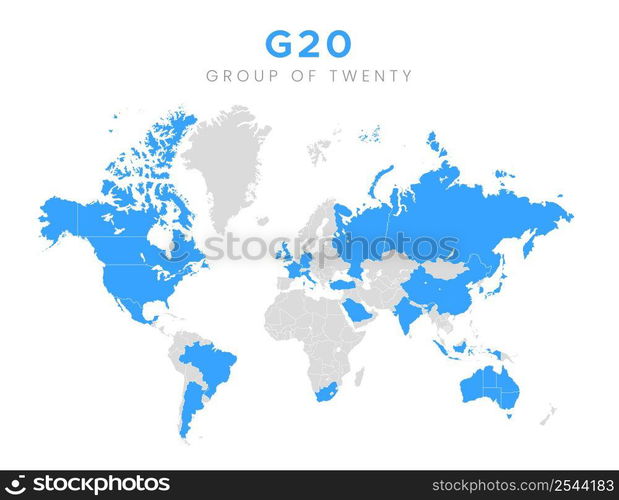 Group of twenty countries on world map. G20 infographic isolated on ...