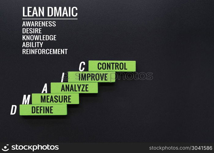LEAN DMAIC business improvement concept. wooden step with text d. LEAN ...