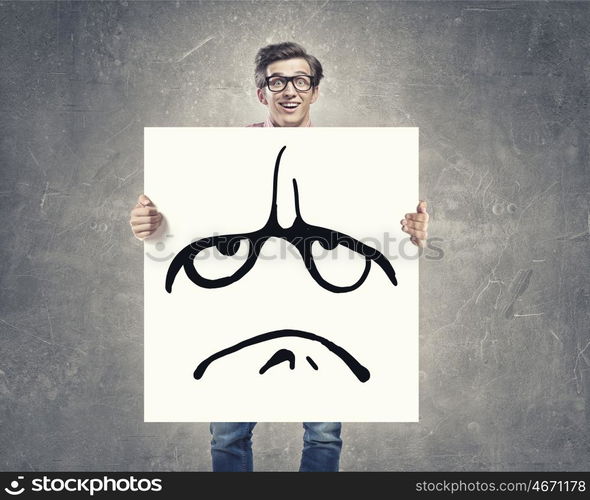 Man show banner with upset smiley. Businessman hold white board with ...