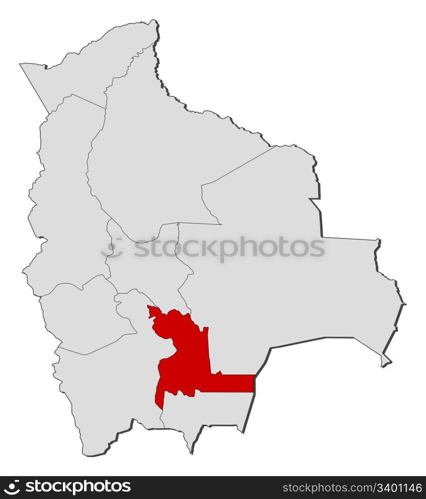 Map of Bolivia, Chuquisaca highlighted. Political map of Bolivia with the several departments ...