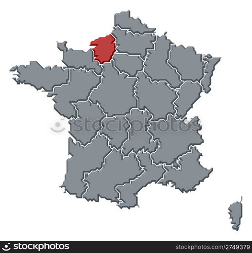 Map of France, Upper Normandy highlighted. Political map of France with ...