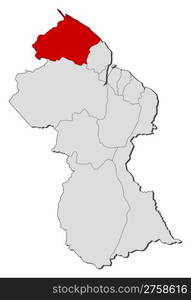 Map of Guyana, Cuyuni-Mazaruni highlighted. Political map of Guyana ...