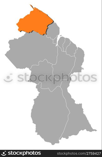 Map of Guyana, Barima-Waini highlighted. Political map of Guyana with ...