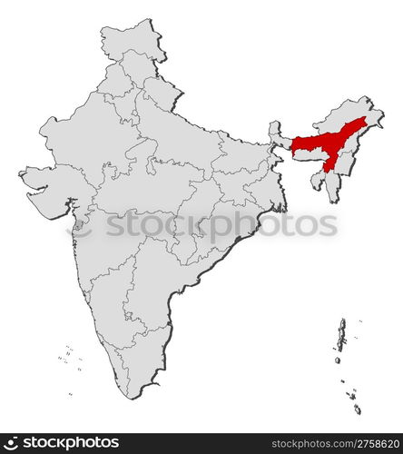 Map of India, Assam highlighted. Political map of India with the ...