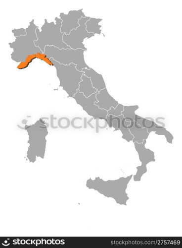 Map of Italy, Liguria highlighted. Political map of Italy with the several regions where Liguria ...