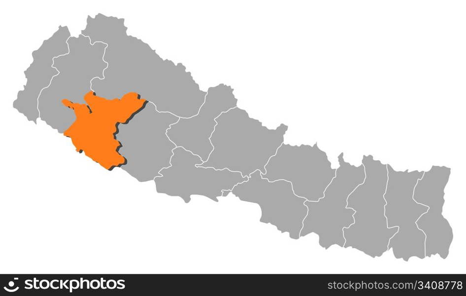 Map of Nepal, Seti highlighted. Political map of Nepal with the several ...