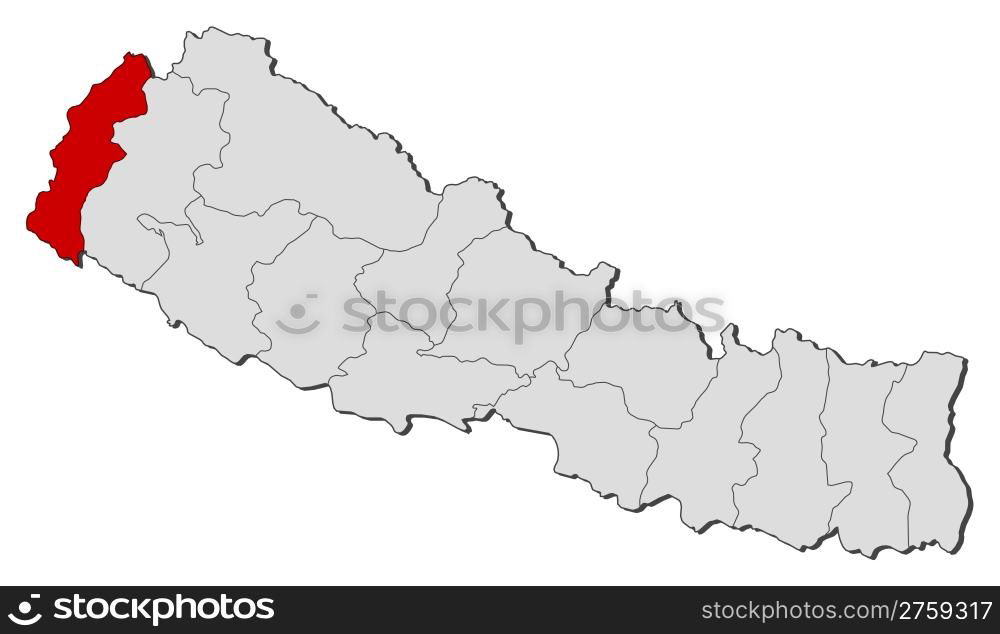 Map of Nepal, Mahakali highlighted. Political map of Nepal with the ...
