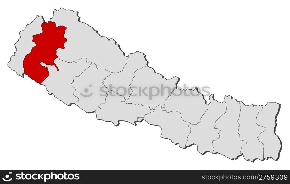Map of Nepal, Seti highlighted. Political map of Nepal with the several ...