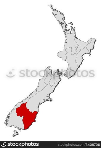 Map of New Zealand, Otago highlighted. Political map of New Zealand with the several regions ...