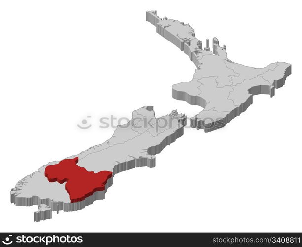 Map of New Zealand, Otago highlighted. Political map of New Zealand ...