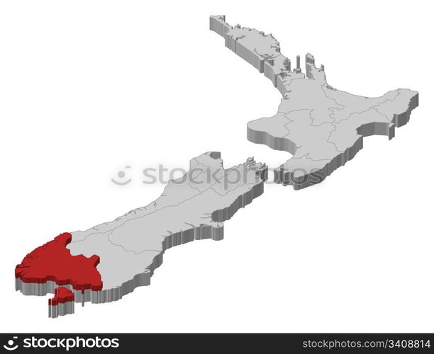 Map of New Zealand, Southland highlighted. Political map of New Zealand ...