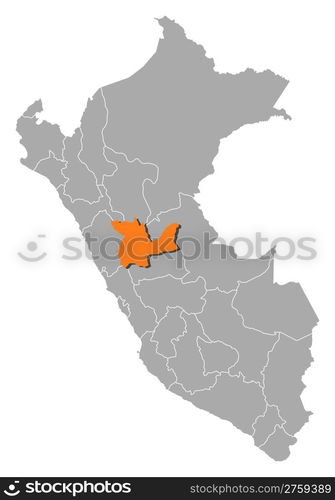 Map of Peru, Huanuco highlighted. Political map of Peru with the ...