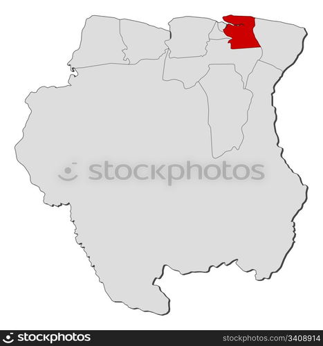 Map of Suriname, Commewijne highlighted. Political map of Suriname with ...