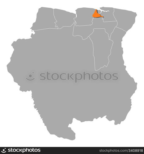 Map of Suriname, Wanica highlighted. Political map of Suriname with the ...