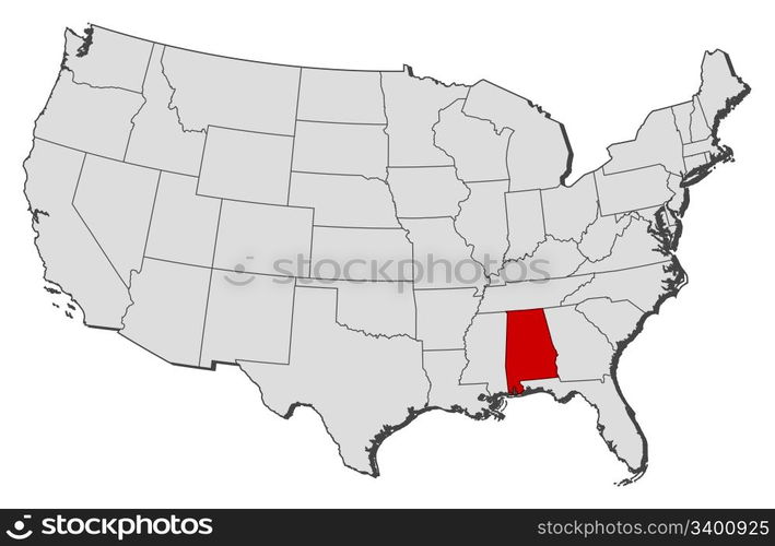 Map of the United States, Alabama highlighted. Political map of United ...