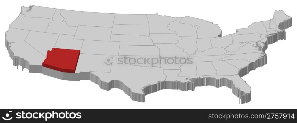 Map of the United States, Arizona highlighted. Political map of United ...