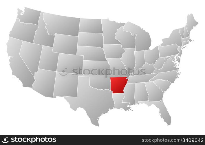 Map of the United States, Arkansas highlighted. Political map of United ...