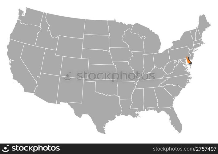 Map of the United States, Delaware highlighted. Political map of United ...