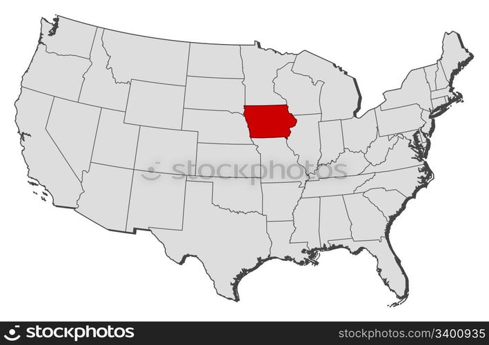 Map of the United States, Iowa highlighted. Political map of United ...
