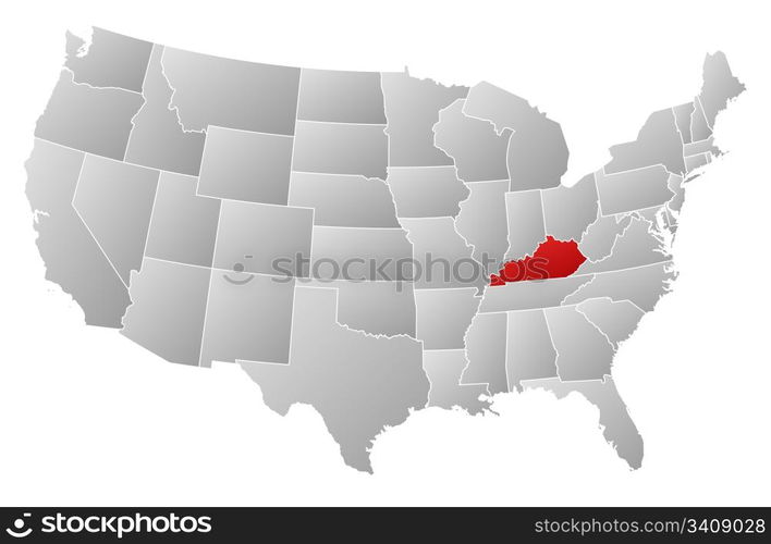 Map of the United States, Kentucky highlighted. Political map of United ...