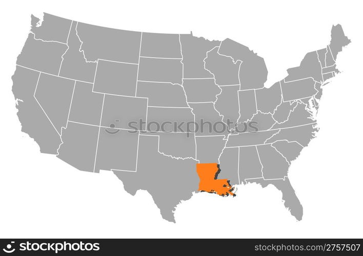 Map of the United States, Louisiana highlighted. Political map of ...