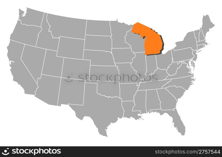 Map of the United States, Michigan highlighted. Political map of United ...