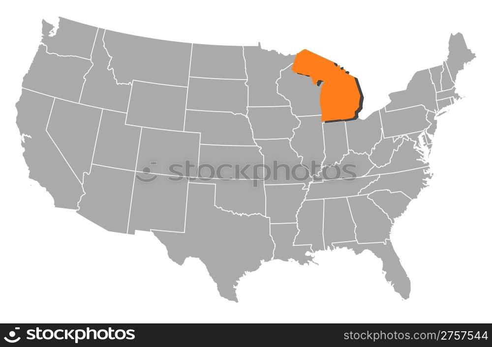 Map of the United States, Michigan highlighted. Political map of United ...