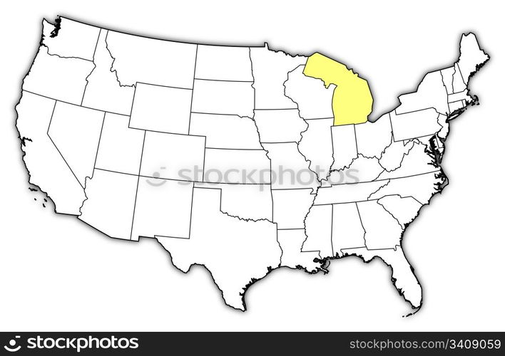 Map of the United States, Michigan highlighted. Political map of United ...