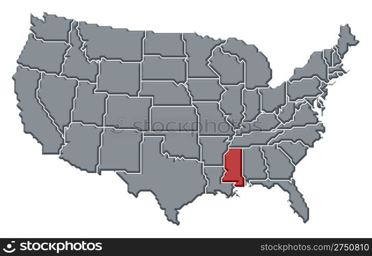 Map of the United States, Mississippi highlighted. Political map of ...