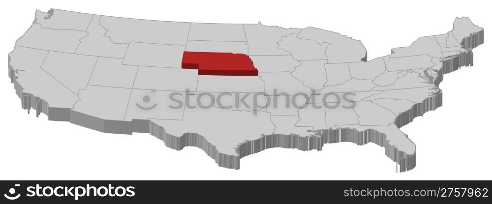 Map of the United States, Nebraska highlighted. Political map of United ...