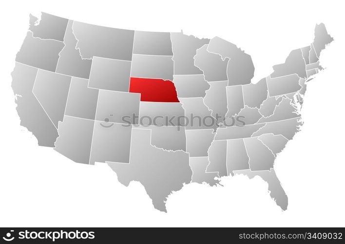 Map of the United States, Nebraska highlighted. Political map of United ...