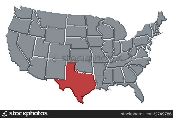 Map of the United States, Texas highlighted. Political map of United ...