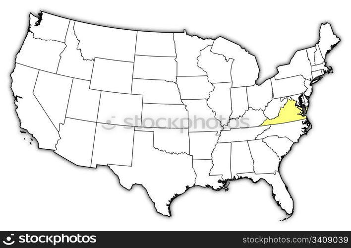 Map of the United States, Virginia highlighted. Political map of United ...