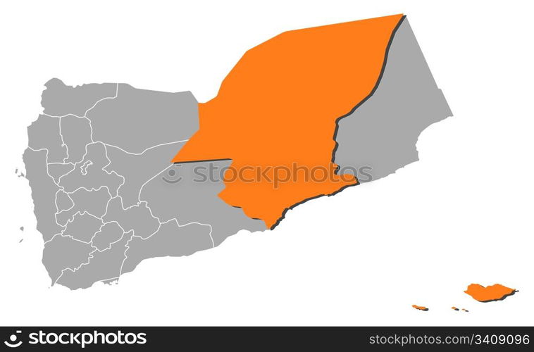 Map of Yemen, Hadhramaut highlighted. Political map of Yemen with the ...