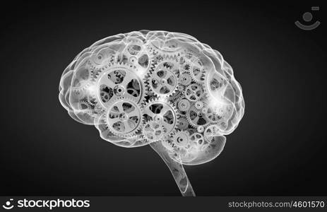 Mechanism inside human brain. Illustration of human brain with cogwheel ...