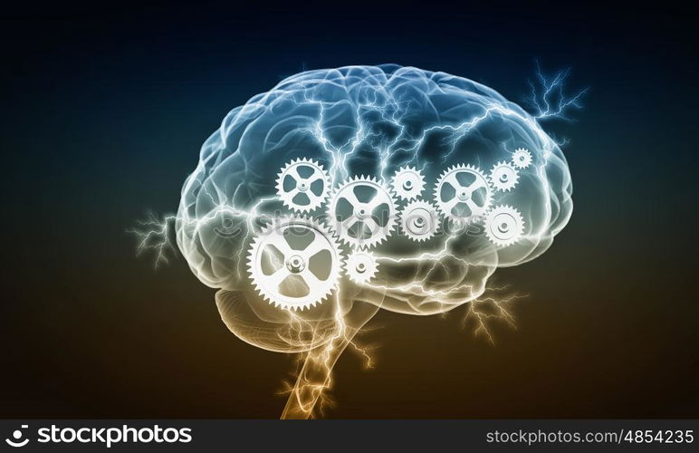 Mechanism inside human brain. Illustration of human brain with cogwheel ...