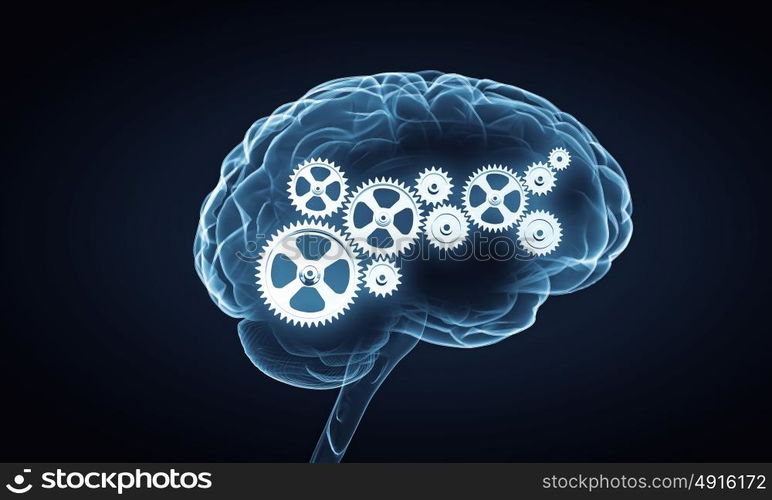 Mechanism inside human brain. Illustration of human brain with cogwheel ...