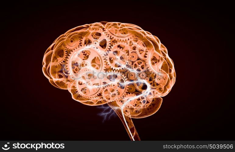 Mechanism inside human brain. Illustration of human brain with cogwheel ...