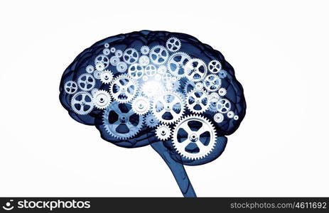 Mechanism inside human brain. Illustration of human brain with cogwheel ...