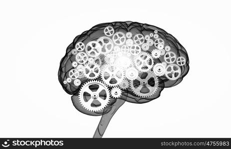 Mechanism inside human brain. Illustration of human brain with cogwheel ...
