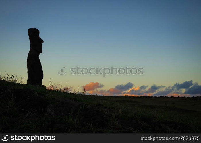 Moai statue ahu akapu at sunset, easter island, Chile. Moai statue ahu ...
