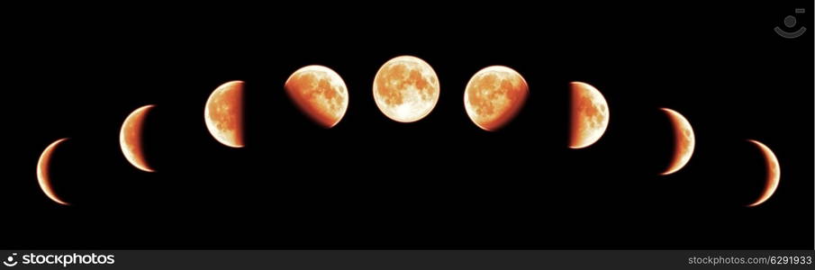 Nine phases of the full growth cycle of the moon isolated on black ...